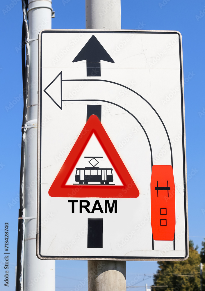 road sign with attention signs of crossing tram tracks Stock Photo ...