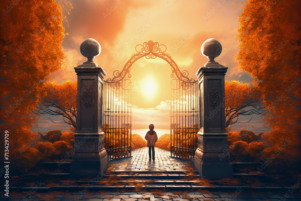 Little boy is standing in front of open gate. Light shines ahead ...