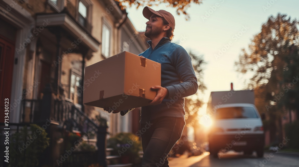 Happy fair delivery man in uniform carrying huge box to doorstep of ...