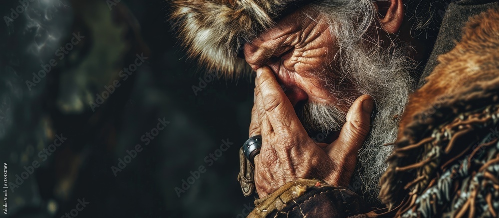 Old senior man with grey hair and long beard wearing viking traditional ...