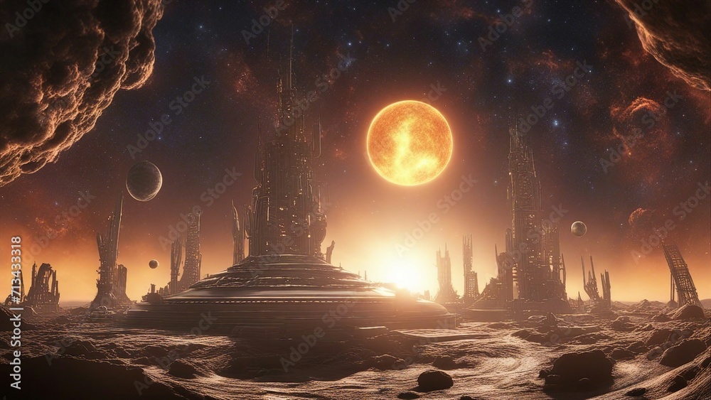 fire in the sky Alien space center illustration exploding sun, black ...