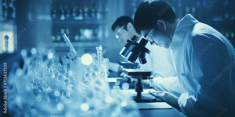 Chinese medical researchers are in the laboratory, intently observing ...
