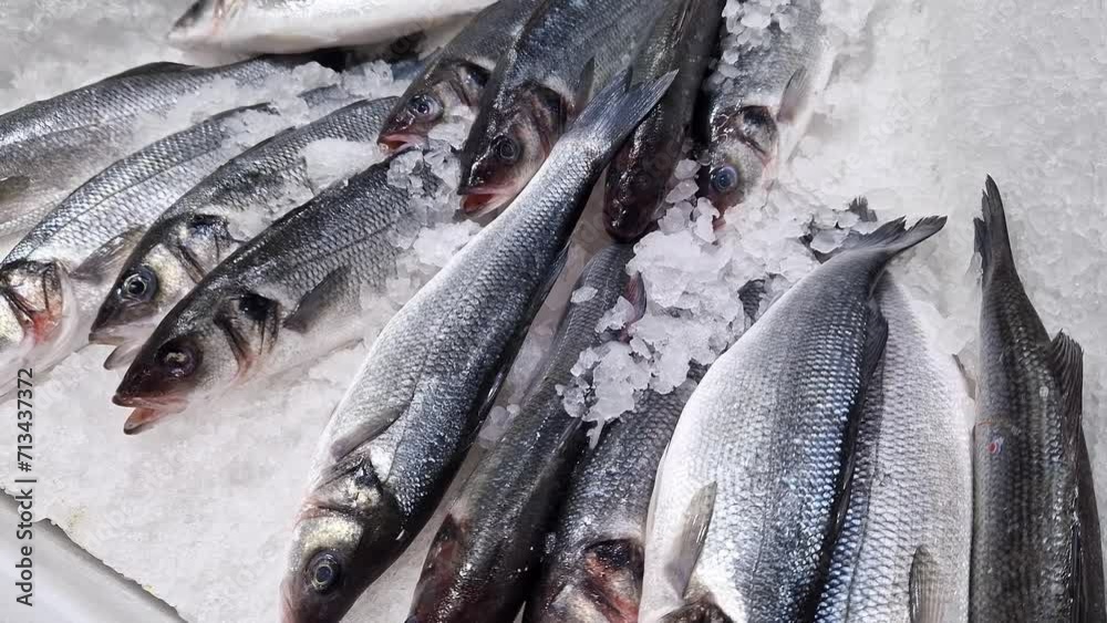 Vidéo Stock Fresh fish lies on shaved ice close-up. Fish on a ...