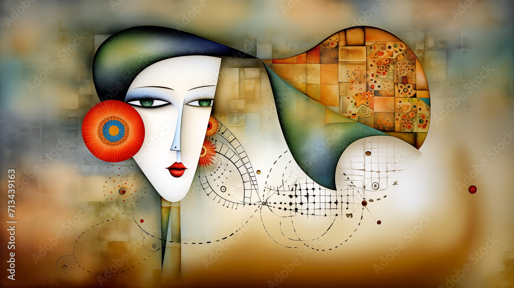 An abstract portrait fusing a human profile with musical elements and ...