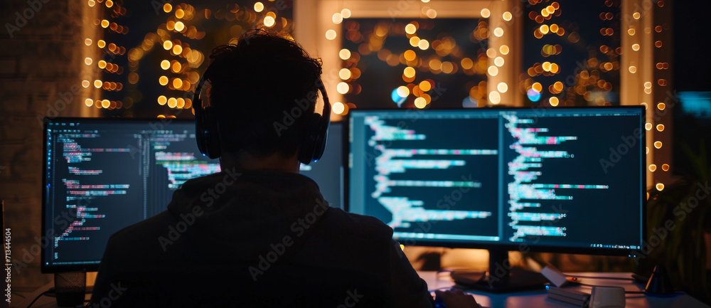 In the warm glow of bokeh lights, a programmer immerses in code across ...