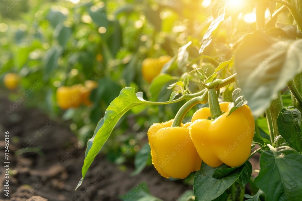 Growing yellow bell pepper harvest and producing vegetables cultivation ...
