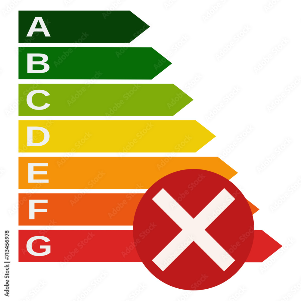 Energy efficiency symbol with a red circle with the cross symbol ...
