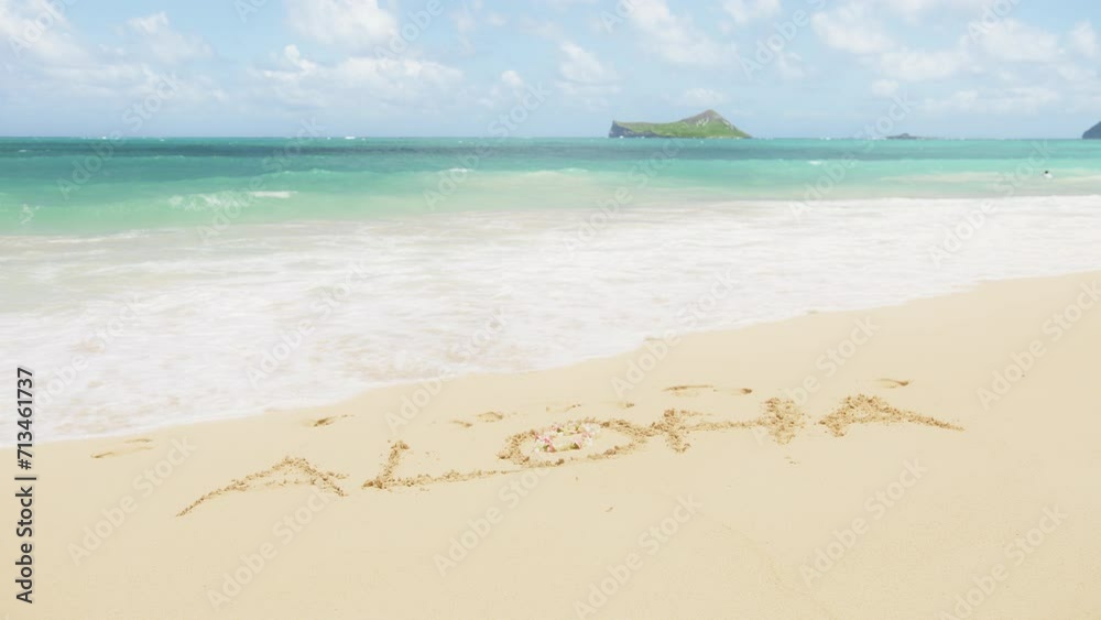 Vidéo Stock Aloha word written in sand on tropical Hawaii beach on Oahu ...