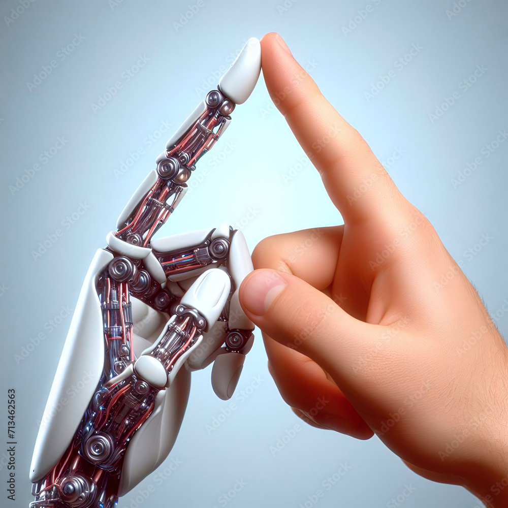Robot hand touching human hand with digital technology background. 3D ...