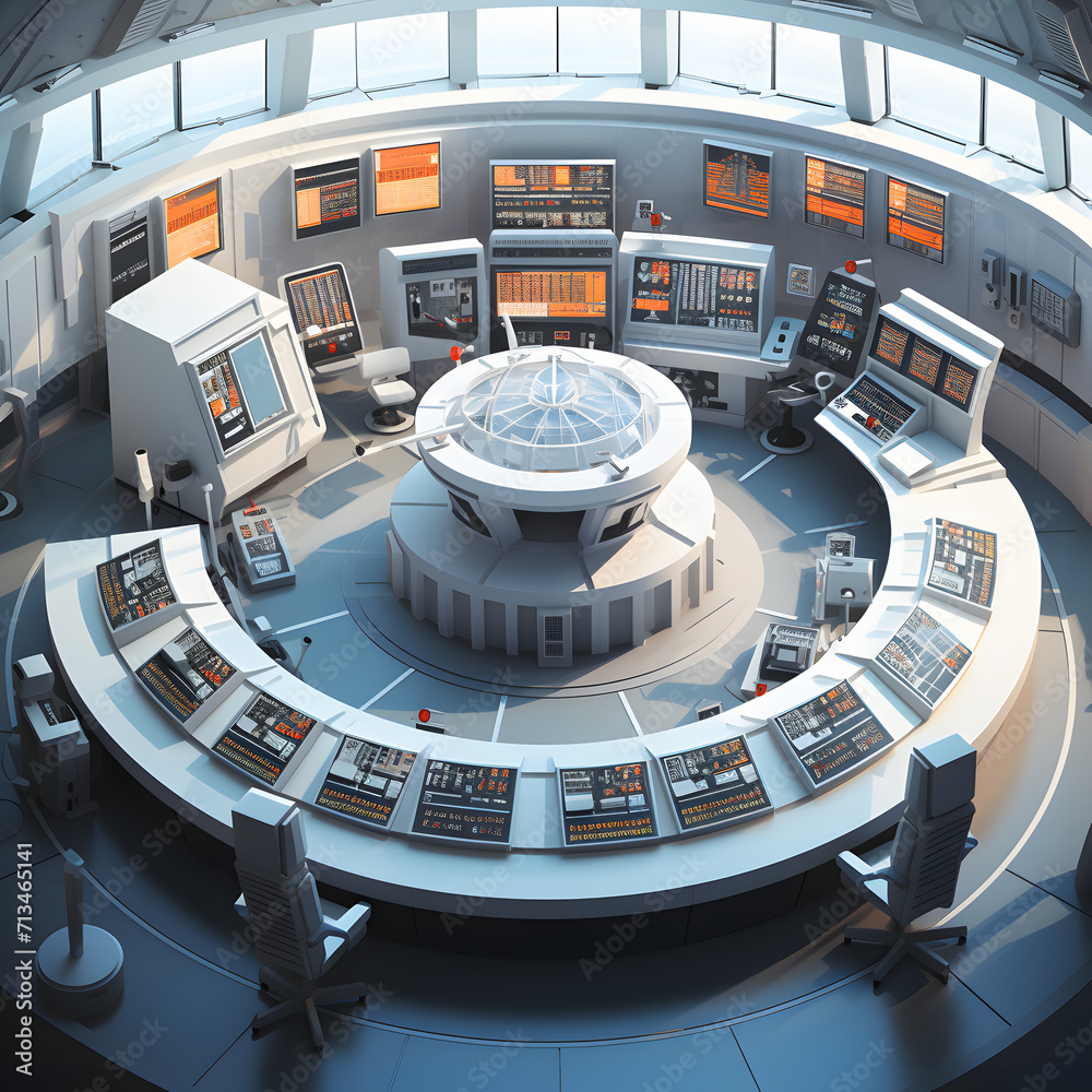 Inside view of a modern nuclear reactor control room isolated on white ...