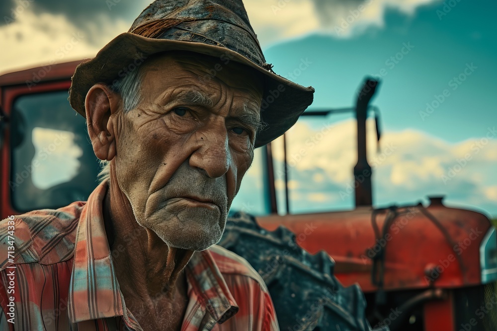 Elderly farmer with weathered features standing proudly in front of a ...