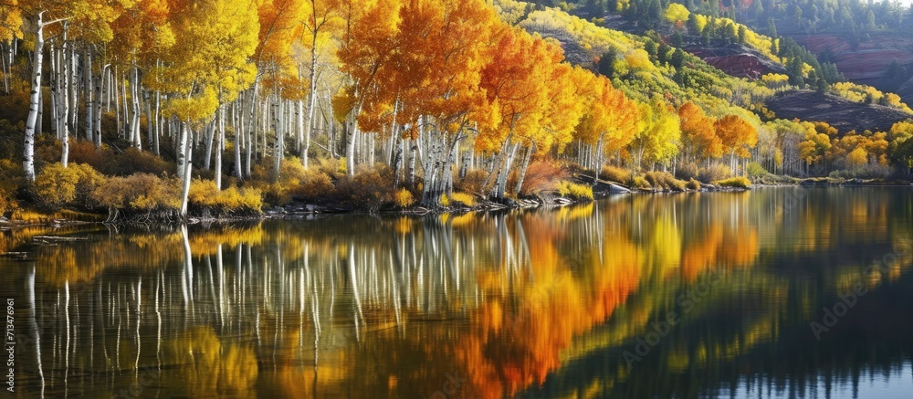 An aspen tree forest in full color is reflected in the calm water of ...