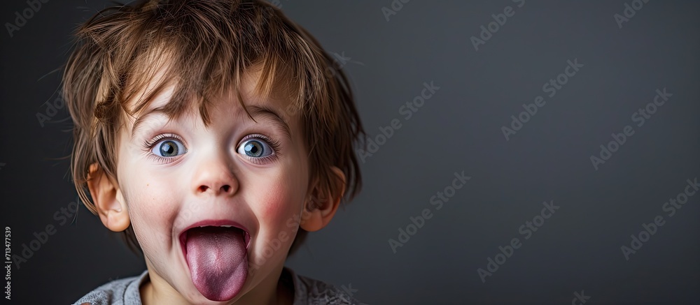 A six year old boy child is being funny and making a bratty face while ...
