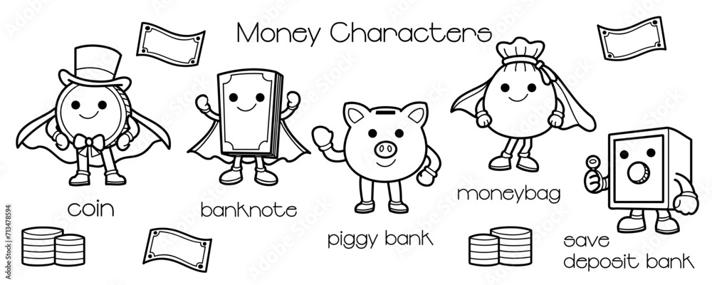 Financial friends, black and white cartoon money characters collection ...