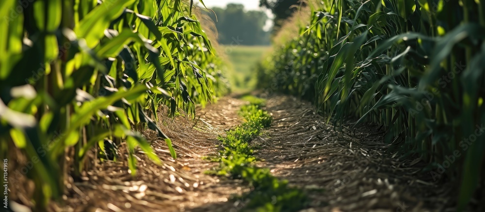 A corn maze or maize maze maze cut out of a corn field Narrow path ...