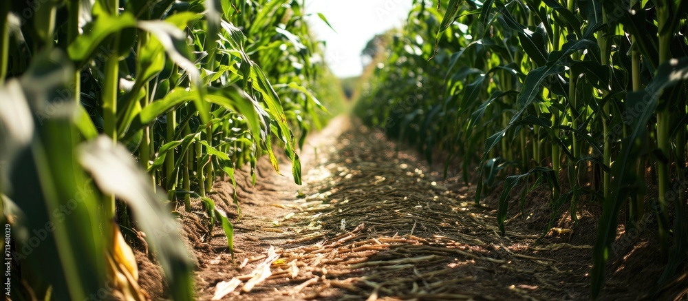 A corn maze or maize maze maze cut out of a corn field Narrow path ...