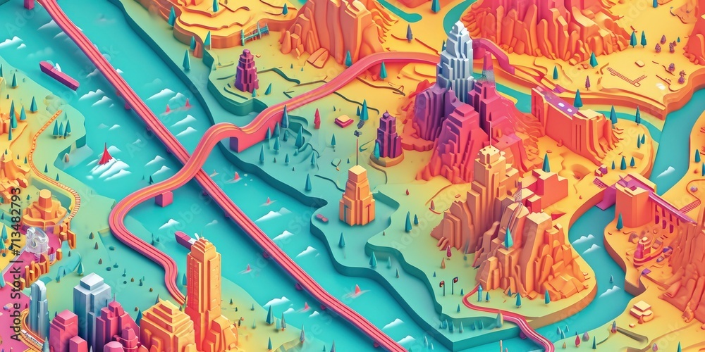 An isometric map with routes and markers, Stock Illustration | Adobe Stock