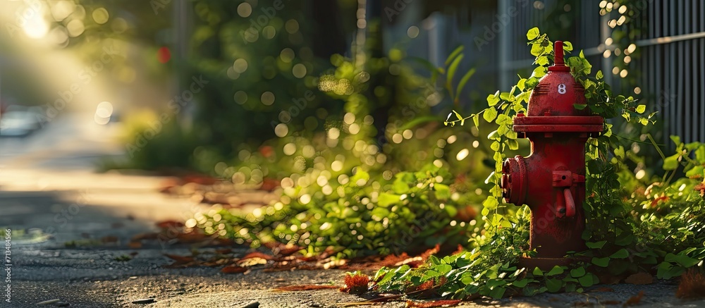 A fire hydrant painted a dull red lay by the side of the road green ...