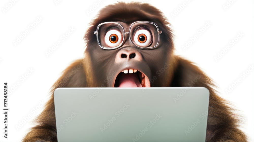 Anthropomorphic monkey with glasses working at a laptop in an office ...