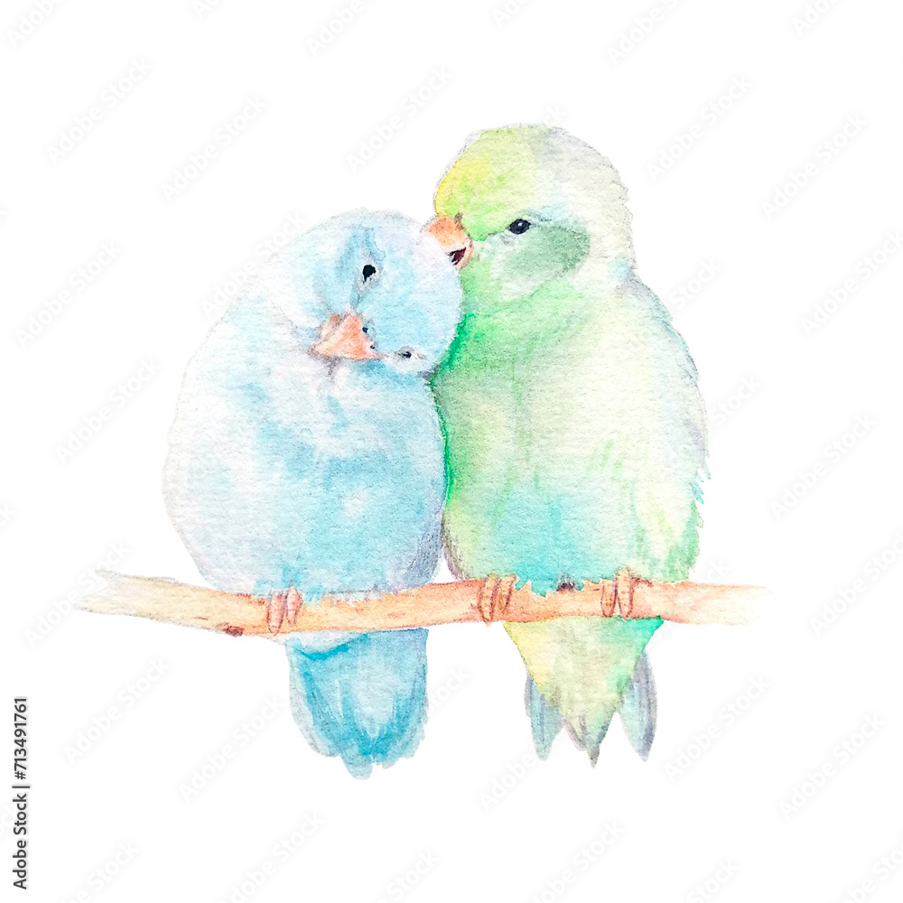 Cute love birds watercolor illustration.Hand painted card with ...