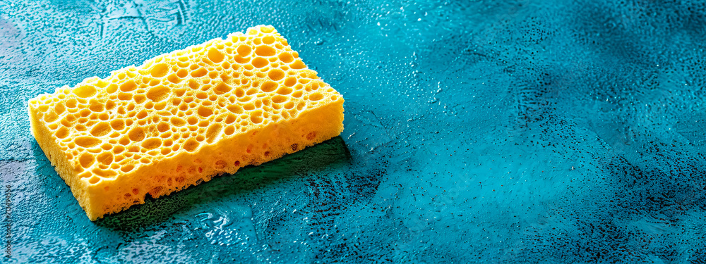 yellow cleaning sponge on a wet blue surface, highlighting the contrast ...
