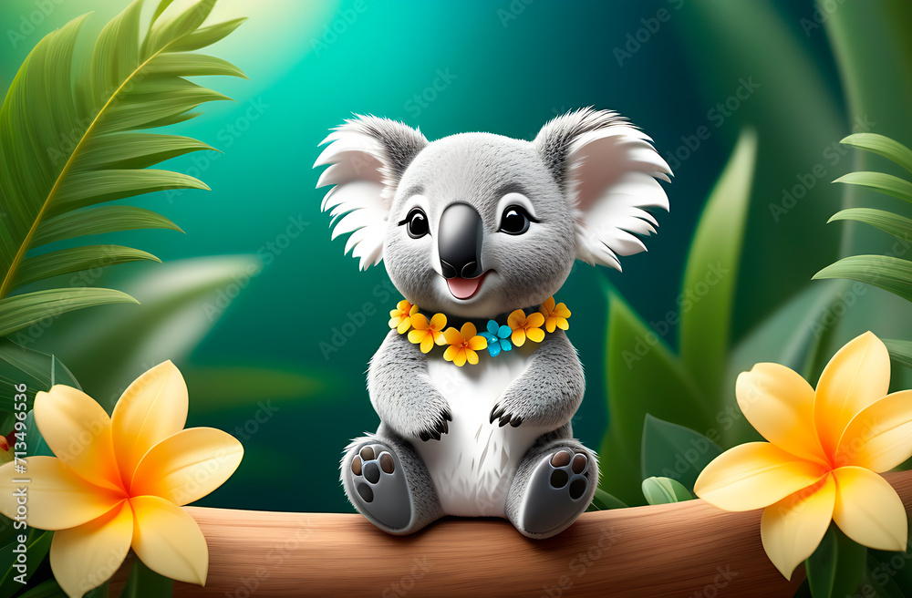 Cute cartoon koala character in a Hawaiian Lei flower wreath on a ...