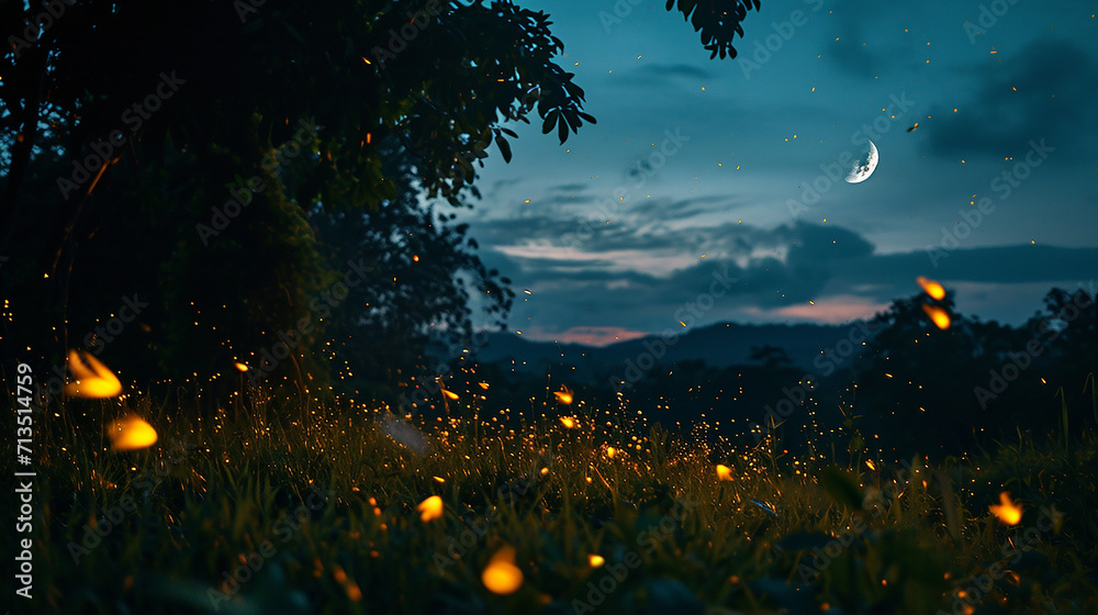 Nighttime scene of a field of yellow fireflies ai generative image ...