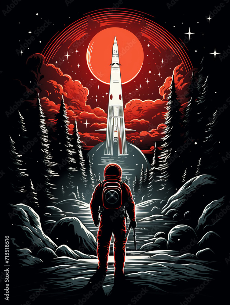 T-shirt design, retro space explorer, 1950s sci-fi style, classic ...