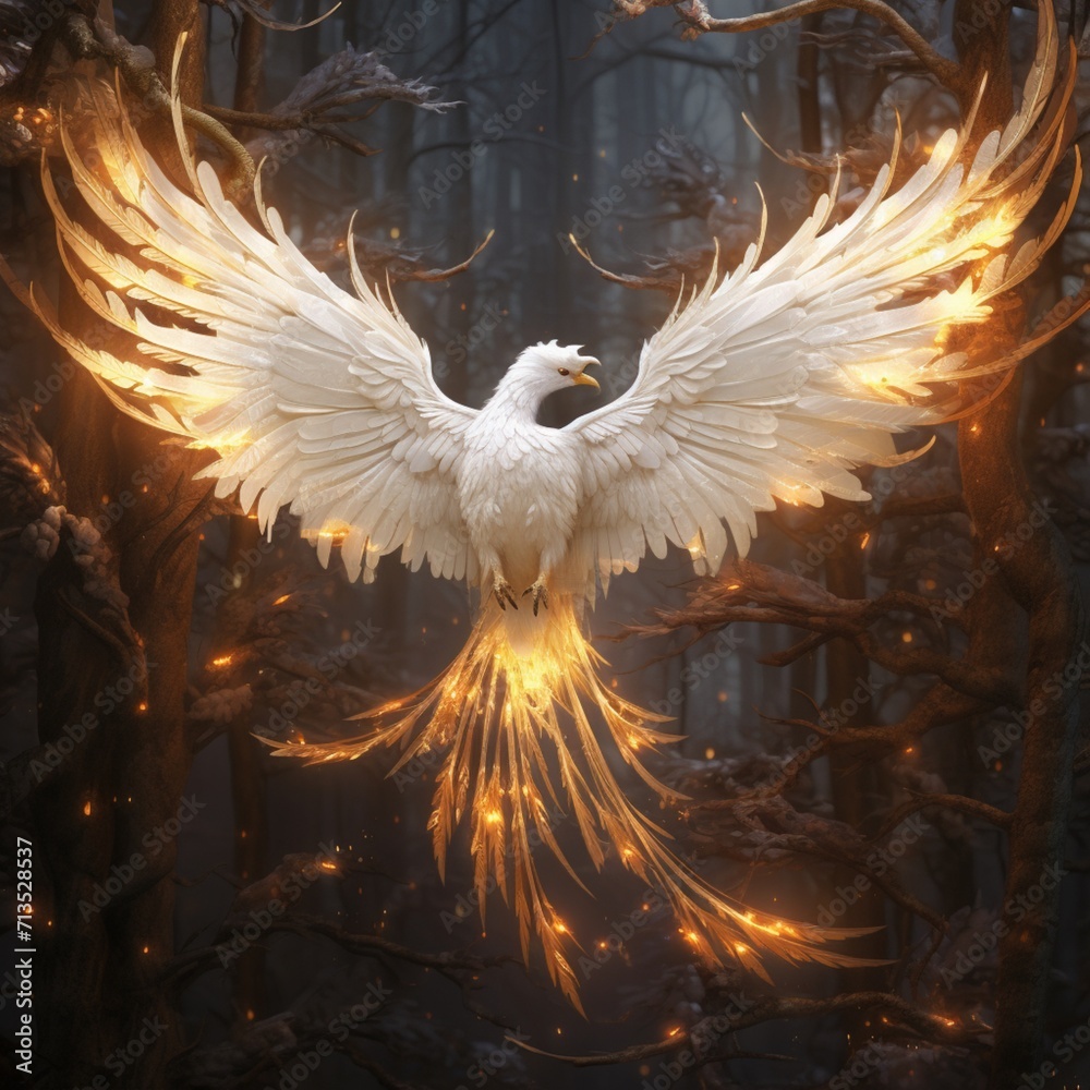 Giant white phoenix bird in flaming deep space picture Stock ...