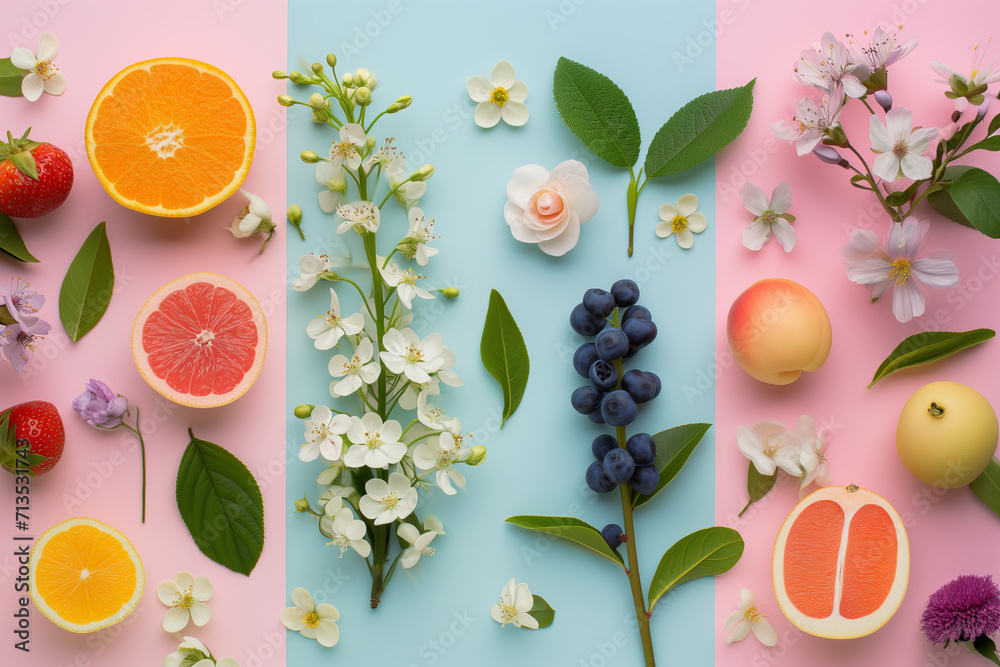 Abstract art collage with fruits and flowers. Collage with food and ...