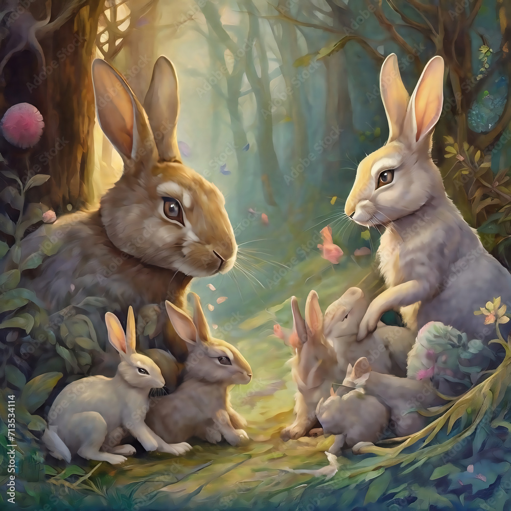 Painting Depicting a Family of rabbit Living in a Forest, Fantasy ...