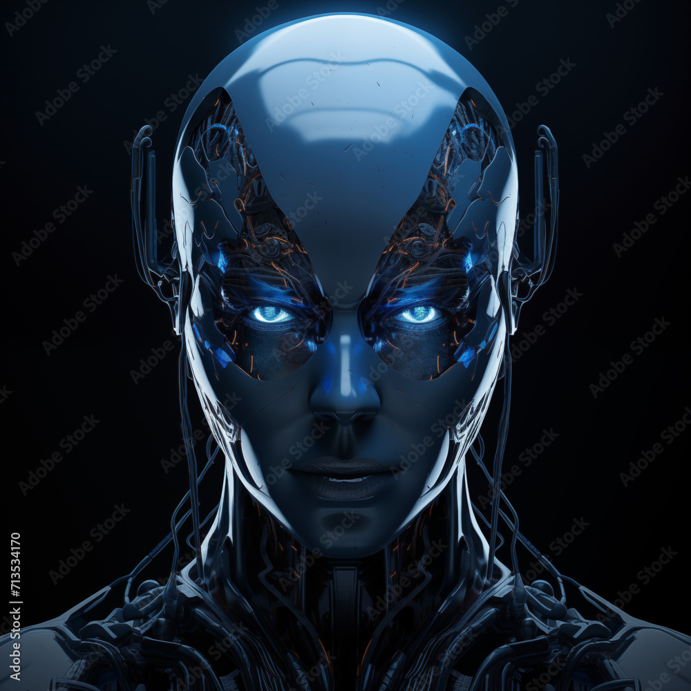 Portrait of a dark blue cyborg with light coming out of it's eyes ...