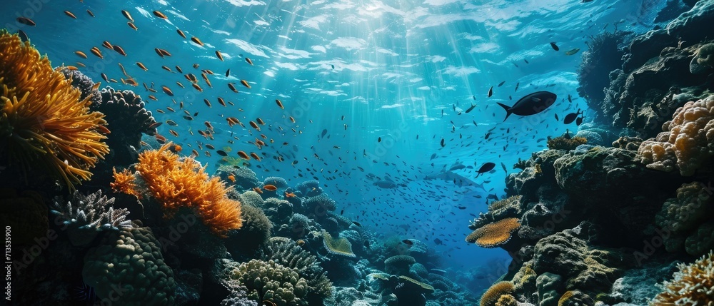 Underwater view of a vibrant sea coral reef teeming with marine life ...