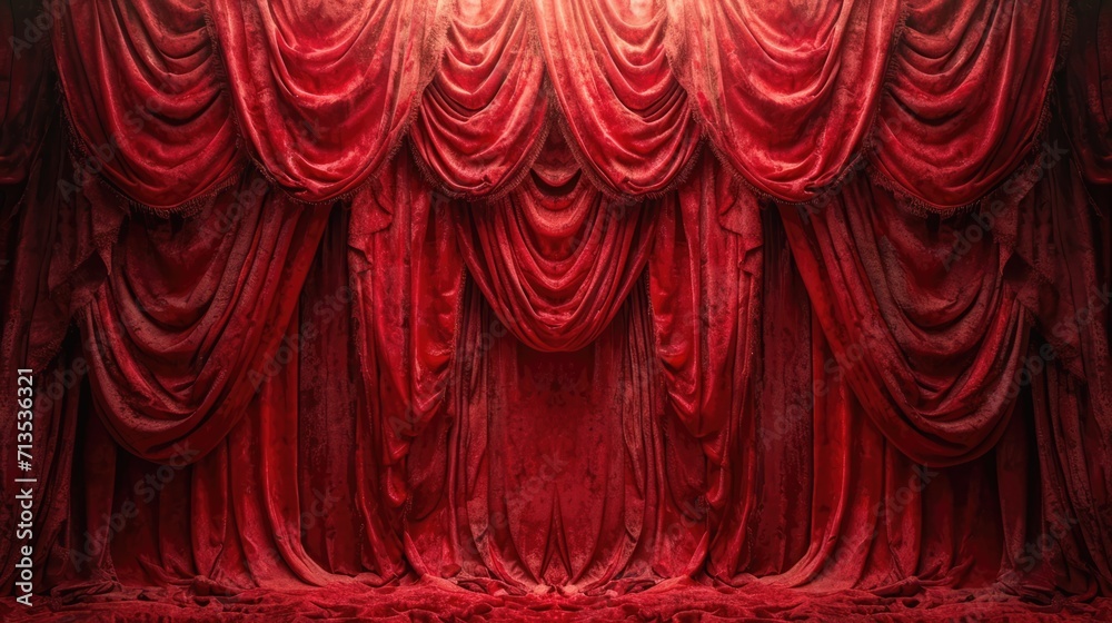 Symmetrical red velvet curtains with ornate swags and tassels create a ...