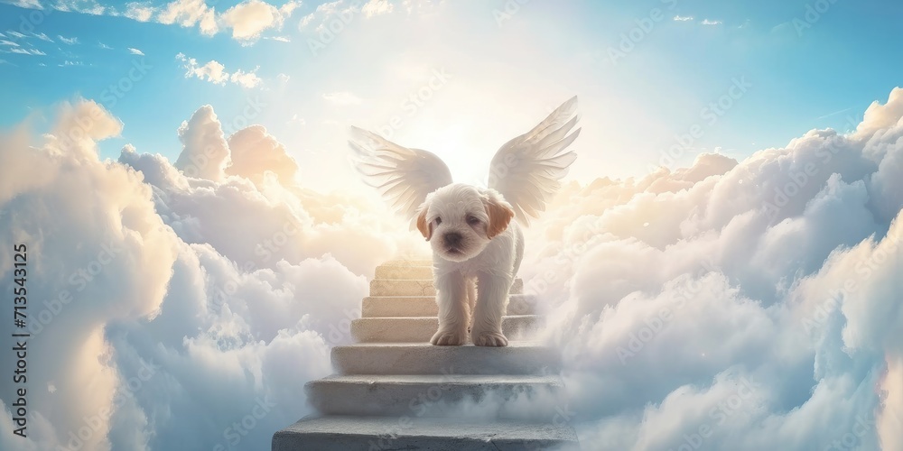 Cute little dog with angel wings on the stairs to heaven among the ...