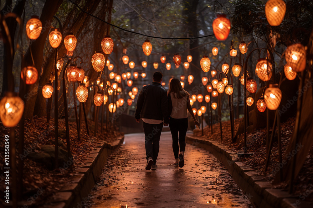 A whimsical display of love-themed lanterns illuminating a path for a ...