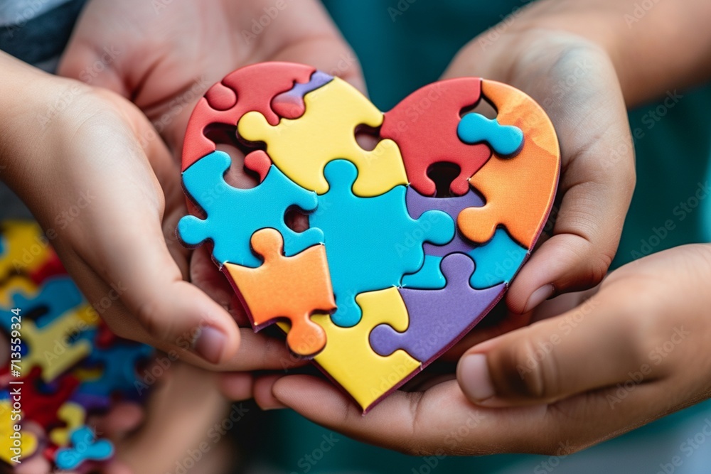 Father, Mother, Children holding heart jigsaw puzzle, Color puzzle ...