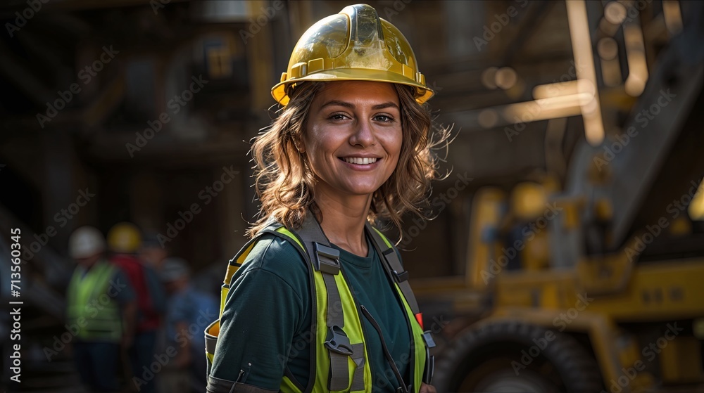 Captured on the work site, a female construction worker dons PPE and ...