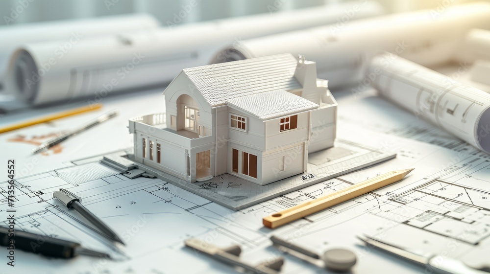 Architectural model of houses on desk with drawing technical tools ...