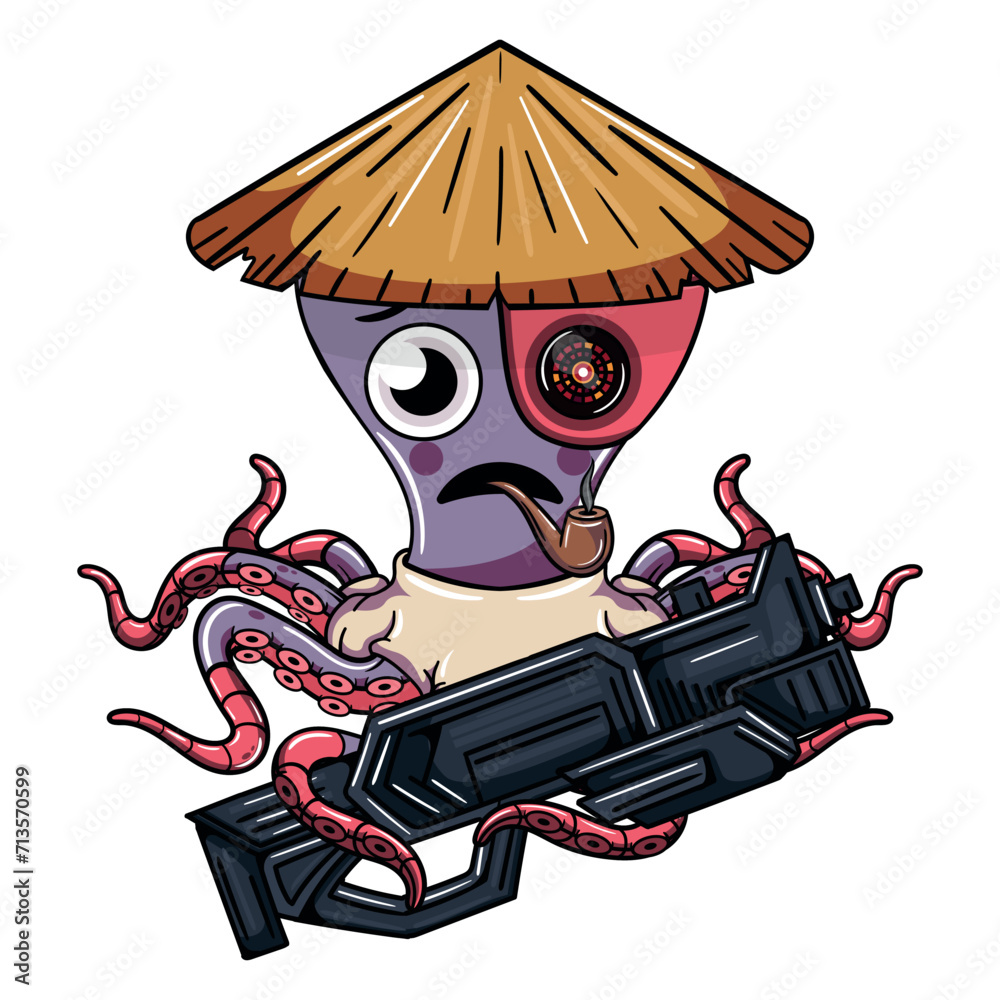 Cartoon cyborg octopus character wearing Chinese hat, holding a shotgun ...