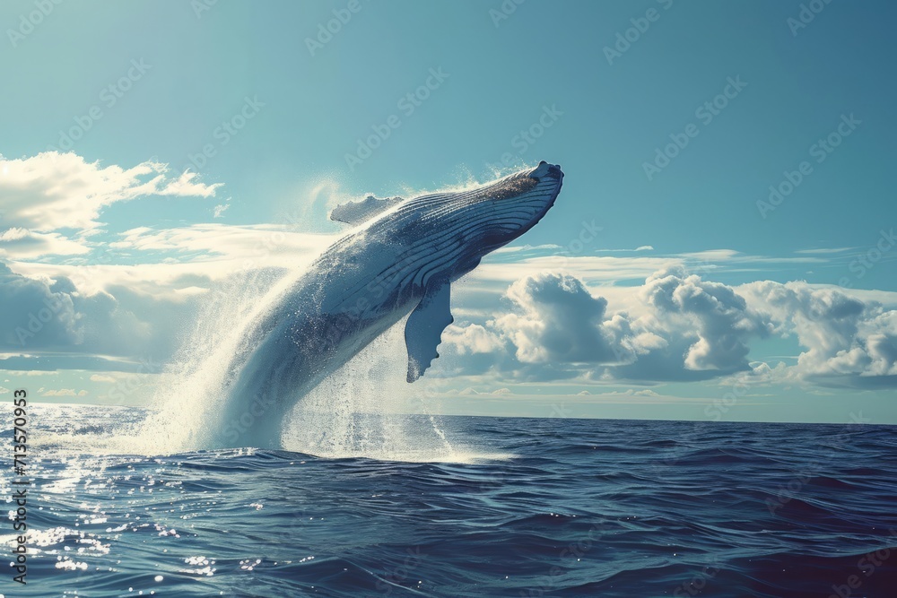 Massive whale breaching ocean surface dramatically, a majestic display ...