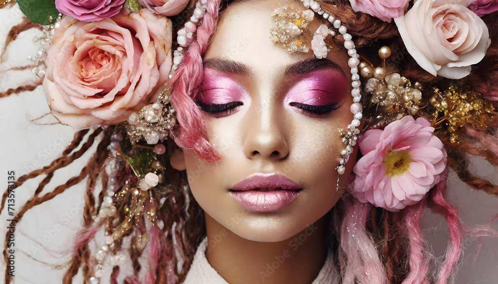 frau, model, Rosen, glitzer, close up, kosmetik, rosa, gesicht, glitter ...