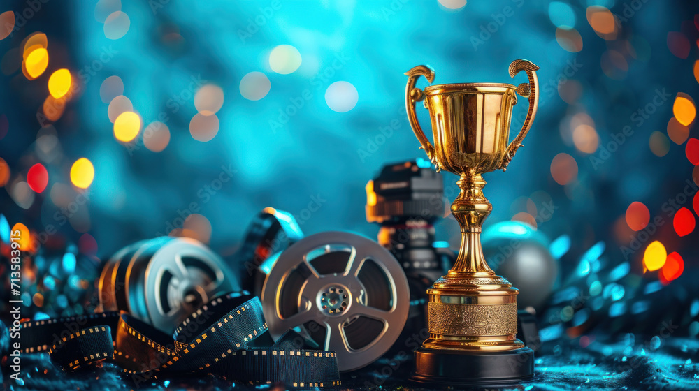This vivid depiction features a trophy and film reels with a blue bokeh ...