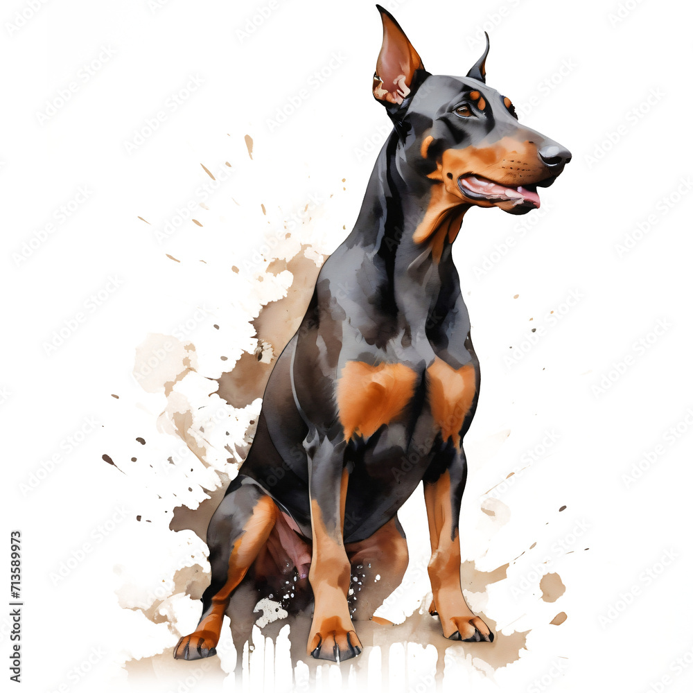 Doberman on transparent background, watercolor splash, art effect, ink ...