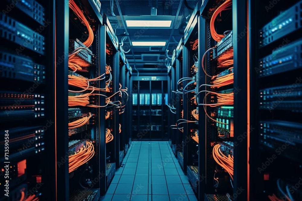 High-performance network devices linked by numerous cables in a server ...