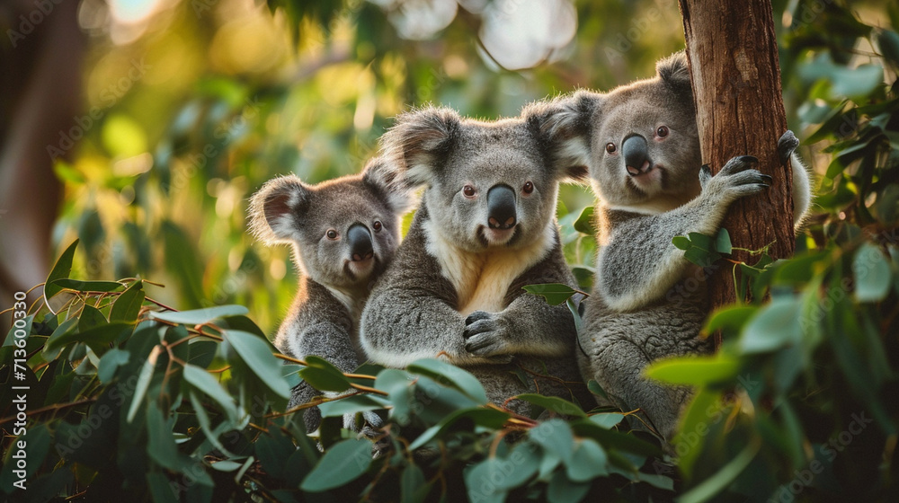 Group of koalas resting in eucalyptus trees, showcasing the laid-back and charming nature of ...