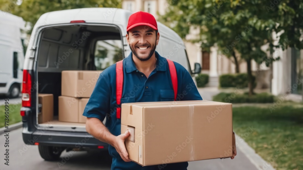 Delivery courier service. Delivery man in red cap and uniform holding a ...