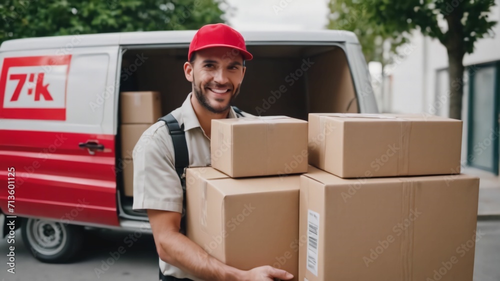 Delivery courier service. Delivery man in red cap and uniform holding a ...