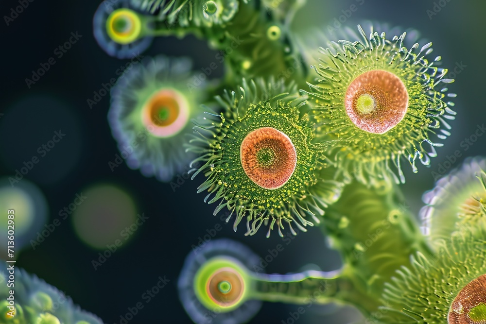 Sample under the microscope of green particles and pollen spores Stock ...