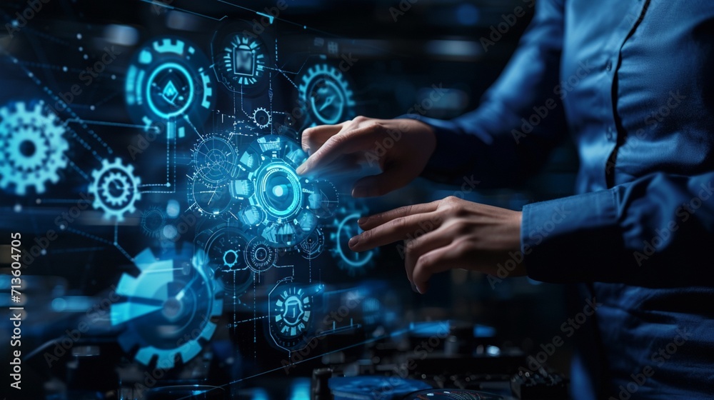 Maintenance engineer working on desk and pointing gears graphic ...